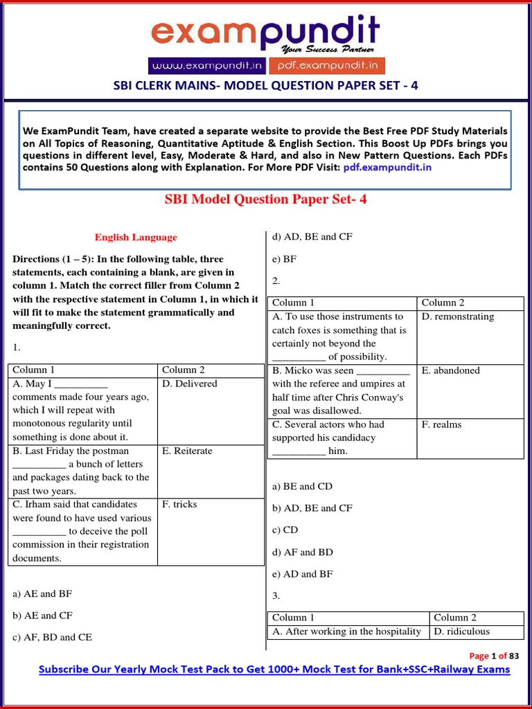 SBI Clerk Mains 2020 Model Question Paper PDF (Set-4) | PDF | Fertility ...