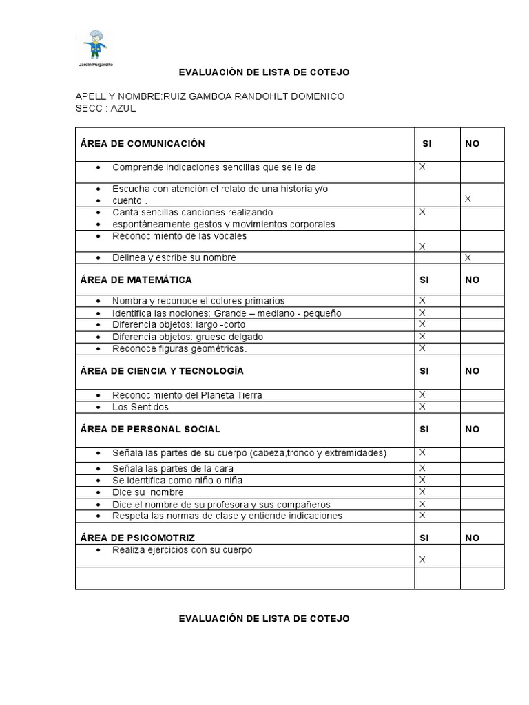Evaluación de Lista de Cotejo Azul | PDF | Science