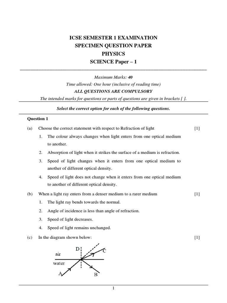 Icse Semester 1 Examination Specimen Question Paper Physics SCIENCE ...