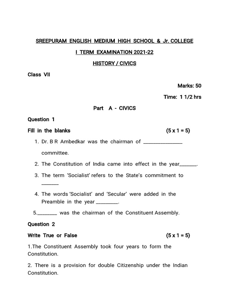 Class 7 History Exam Paper 2021-22 | PDF | Middle Ages | Constitution