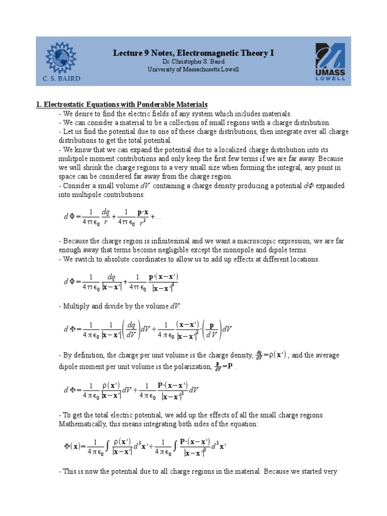 Lecture 9 Notes, Electromagnetic Theory I: 1. Electrostatic Equations ...