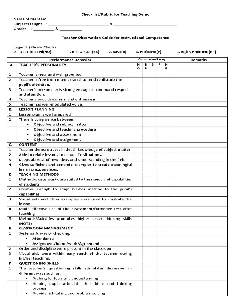 Check List/rubric For Teaching Demo | PDF | Teachers | Learning