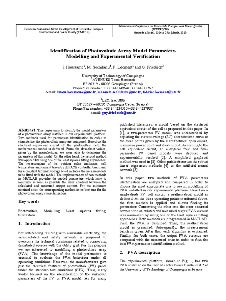 Identification of Photovoltaic Array Model Parameters. Modelling and ...