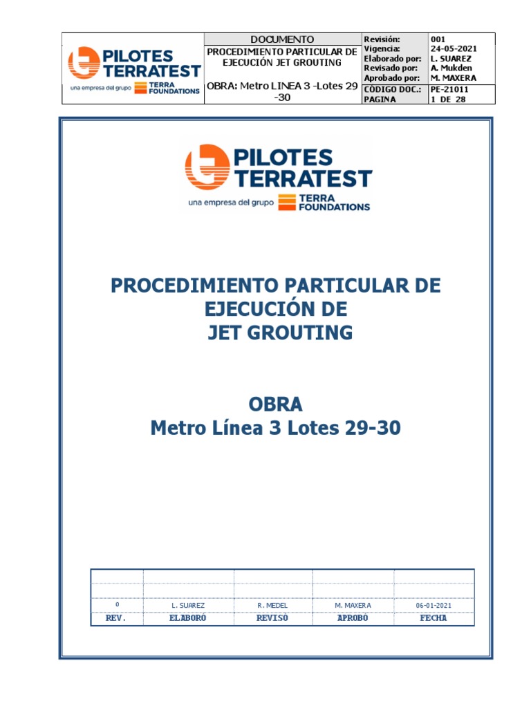 Pe - 21011 Procedimiento Jet Grouting Metro l3 Lote 29-30 Ra | PDF | Motor a reacción | Bomba
