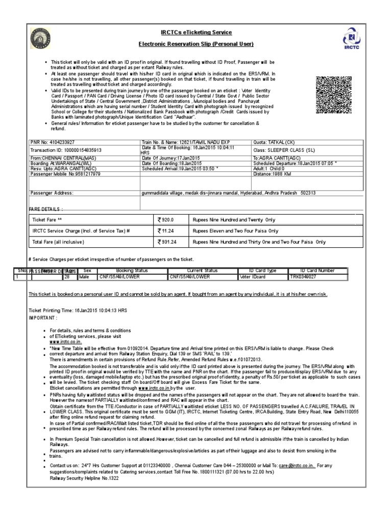 Irctc Ticket Format | PDF | Identity Document | Ticket (Admission)
