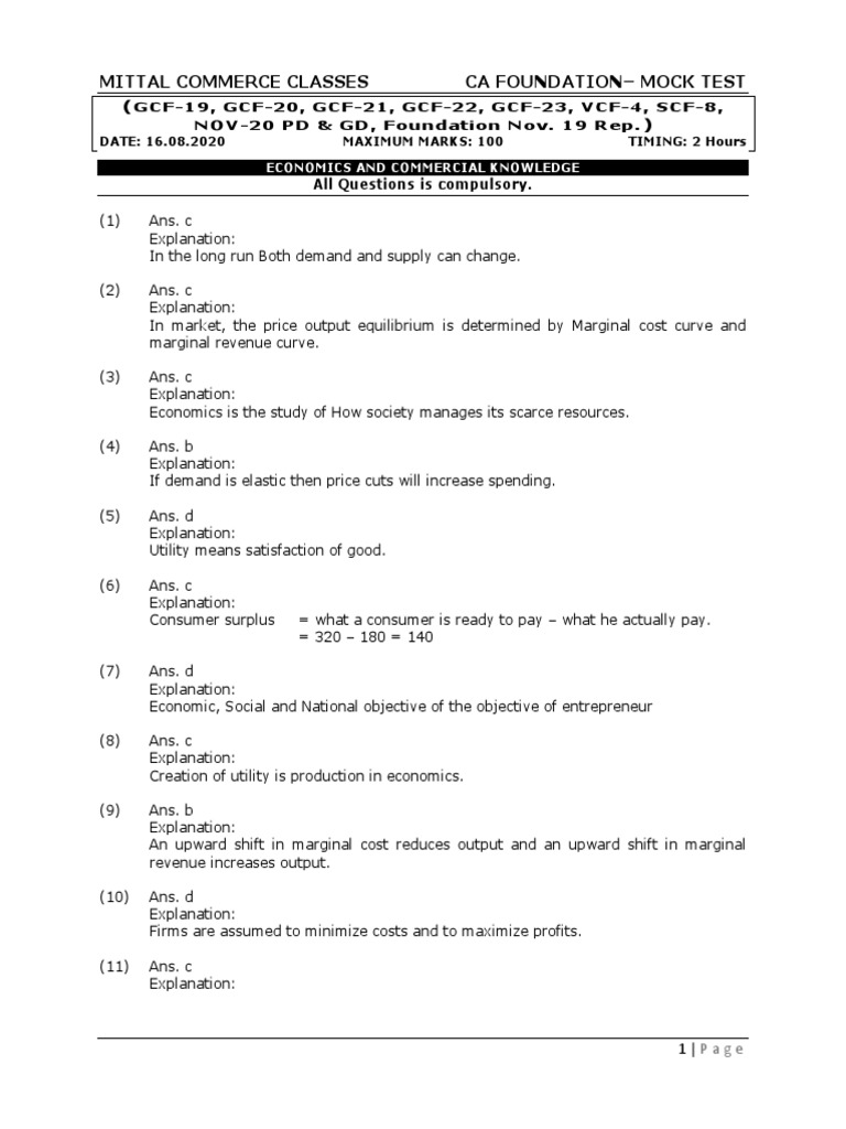 Mittal Commerce Classes Ca Foundation - Mock Test | PDF | Economics ...