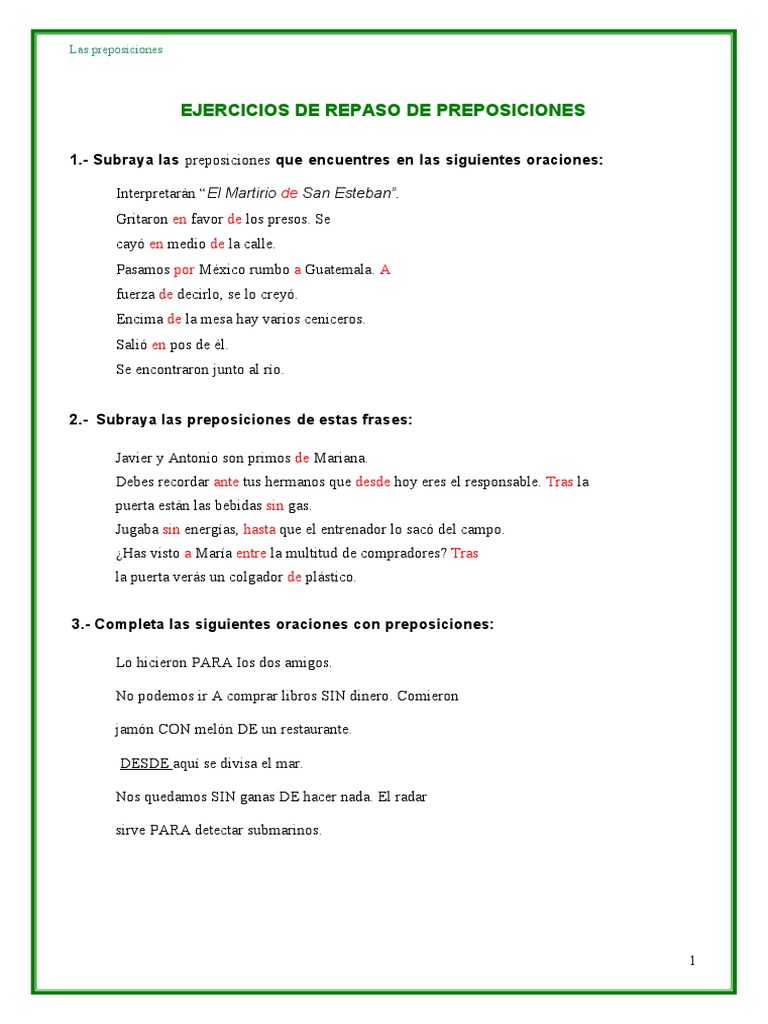 Ejercicios de Preposiciones para Niños | PDF