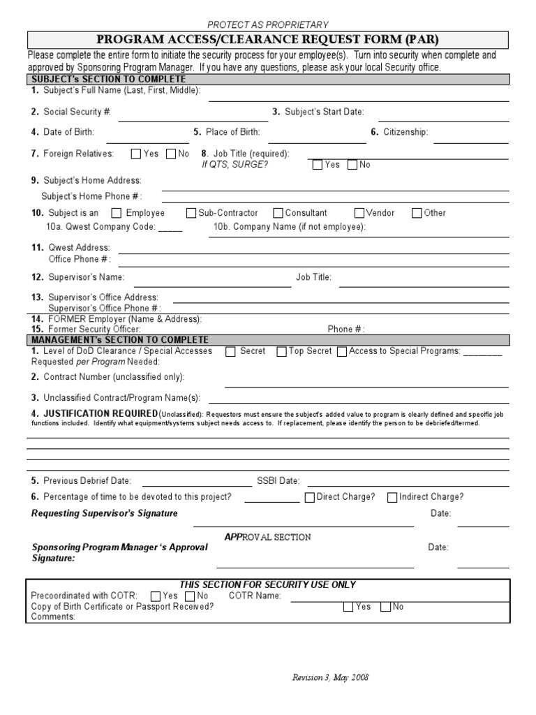 Program Access/Clearance Request Form (Par) : Protect As Proprietary ...