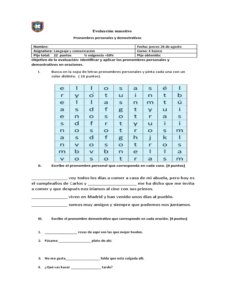 Evaluación de Pronombres para 4º Básico | PDF