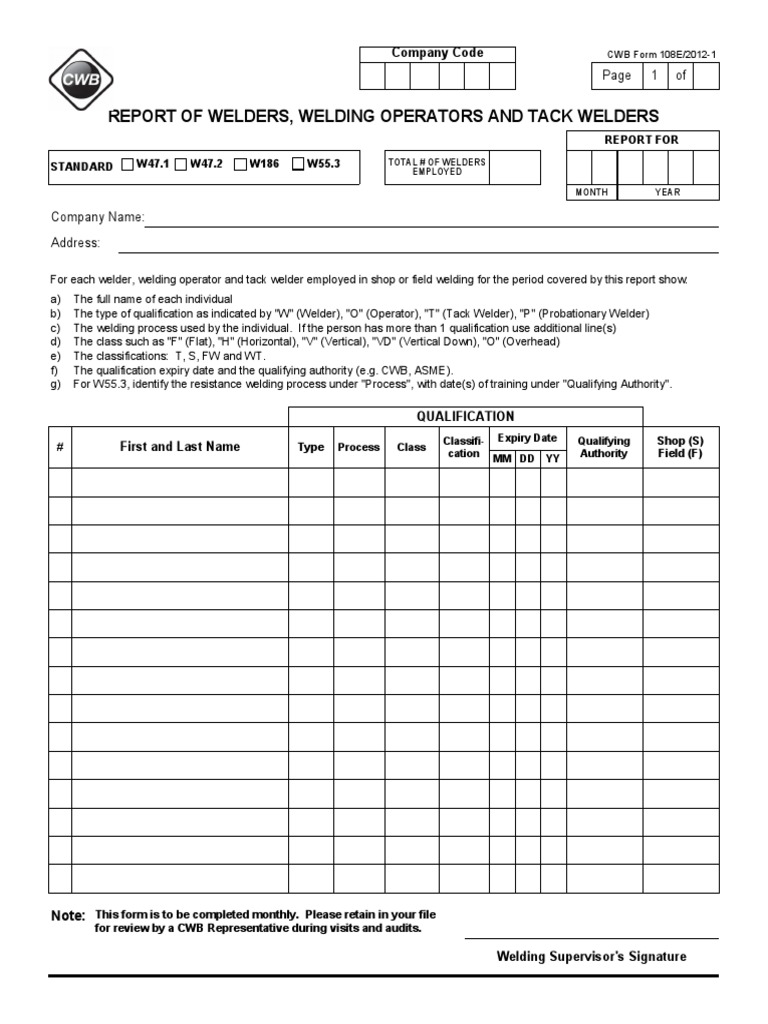 Monthly Welder Qualification and Certification Report | PDF | Welding ...
