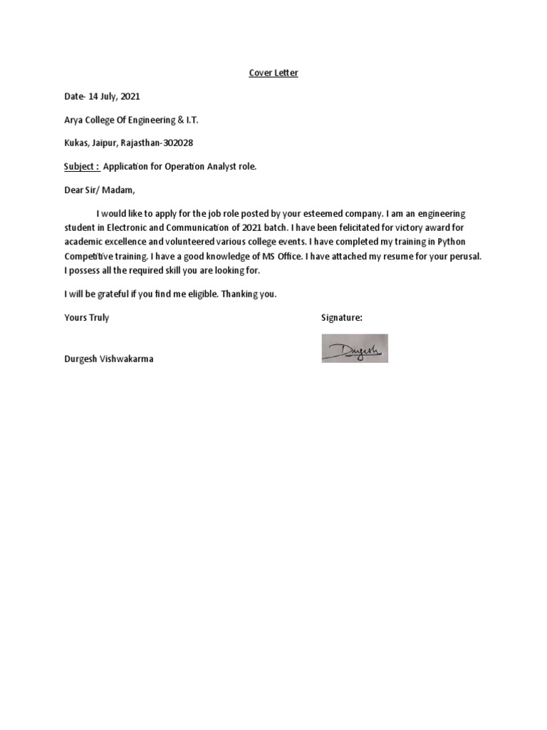 Cover Letter (Durgesh) | PDF | Computers