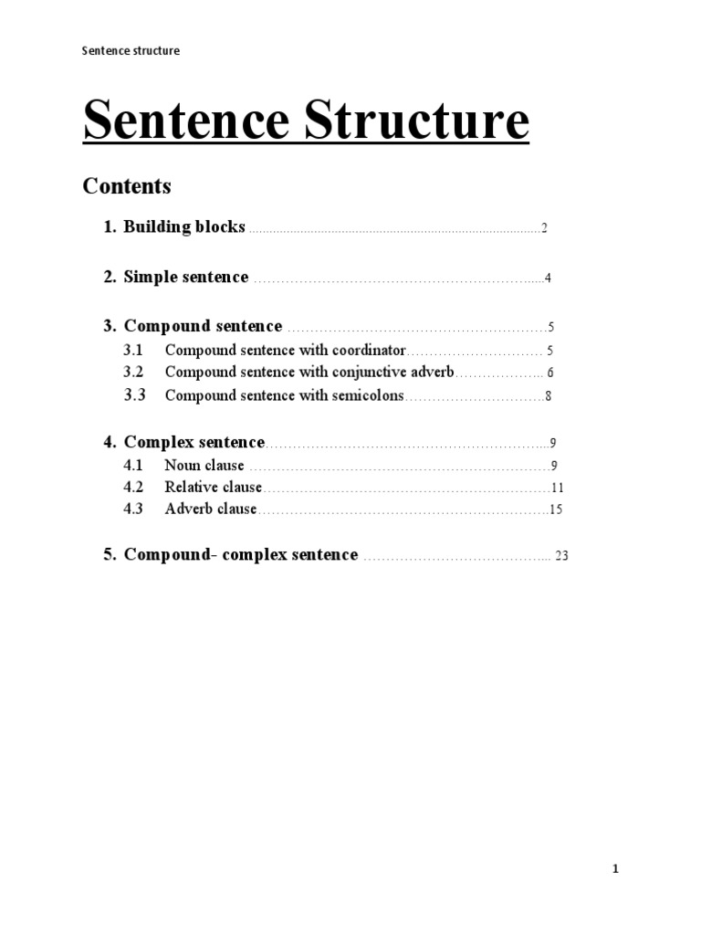 Sentence Structure: 1. Building Blocks 2. Simple Sentence 3. Compound ...