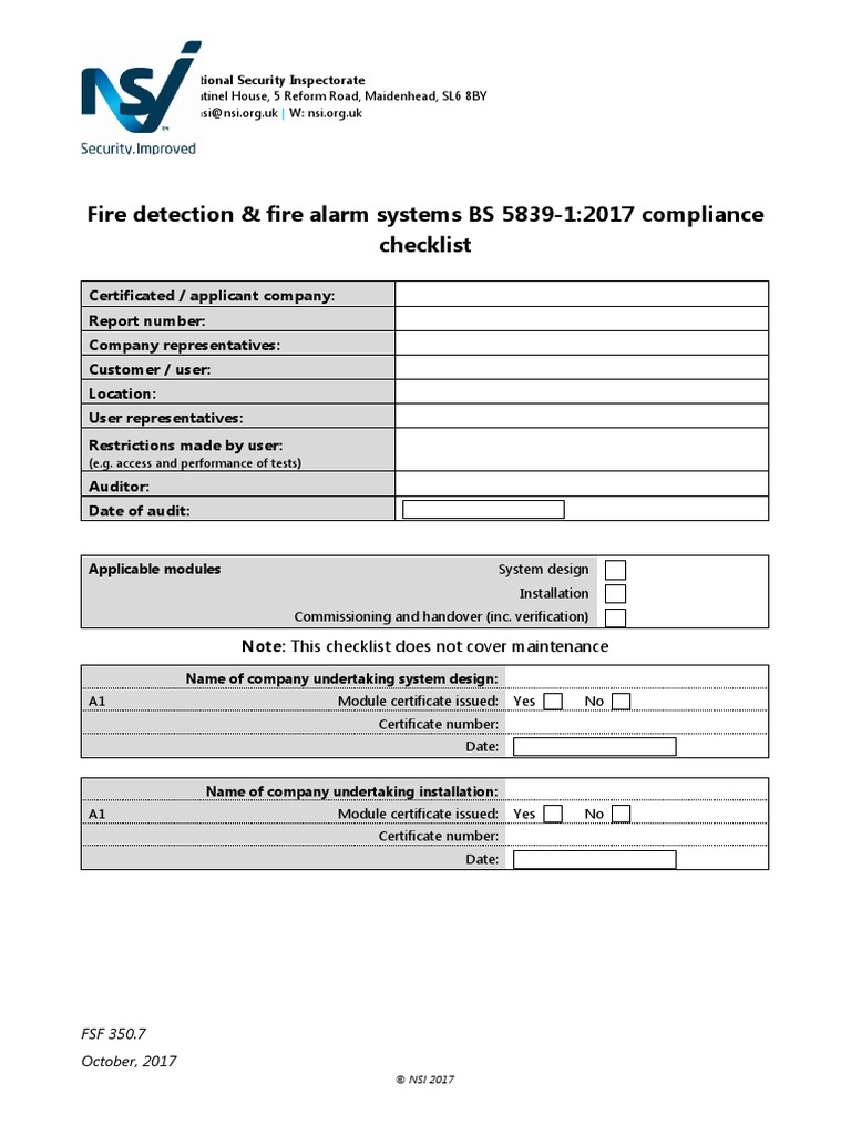 BS 5839 1 Compliance Checklist With Codes Oct 2017 | PDF | Electrical ...