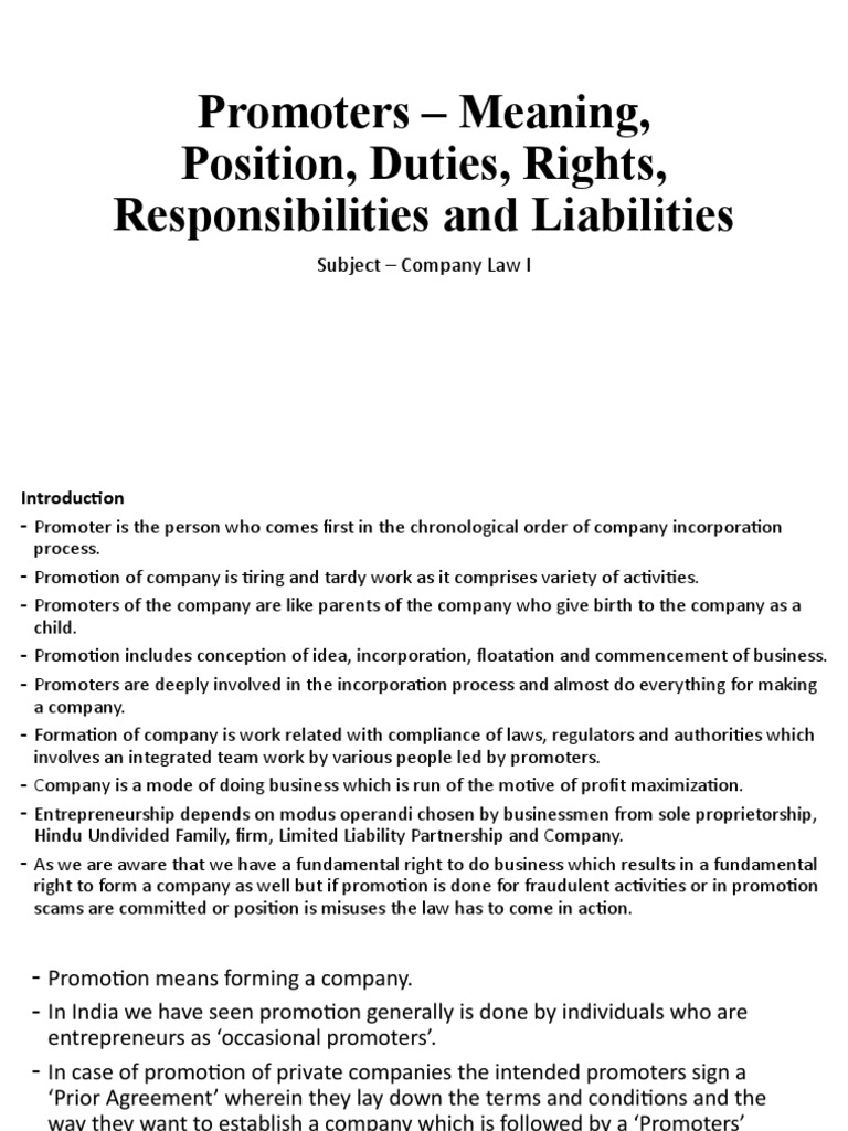 Promoters - Meaning, Position, Duties, Rights, Responsibilities and ...