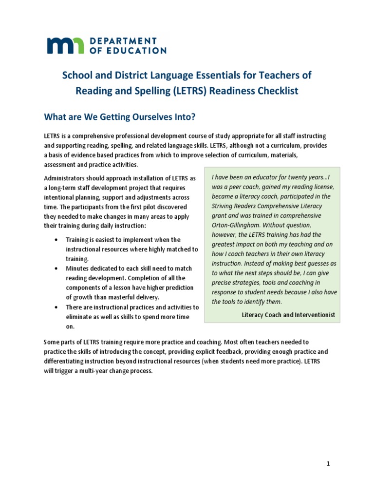 LETRS Training Readiness Checklist | PDF | Teachers | Learning