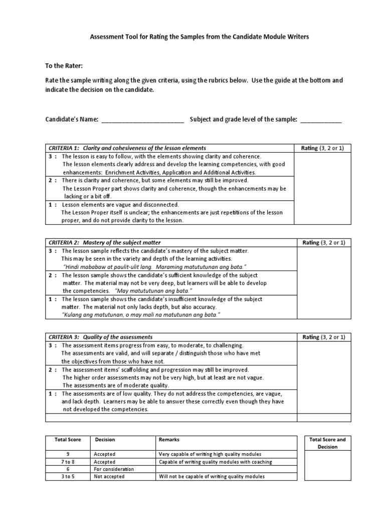 Rate The Sample Writing Along The Given Criteria, Using The Rubrics ...