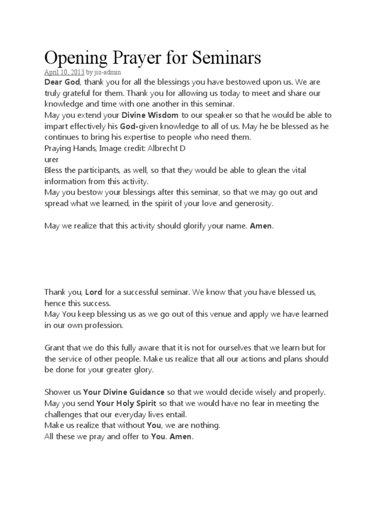 Opening Prayer For Seminars: Dear God, Thank You For All The Blessings ...