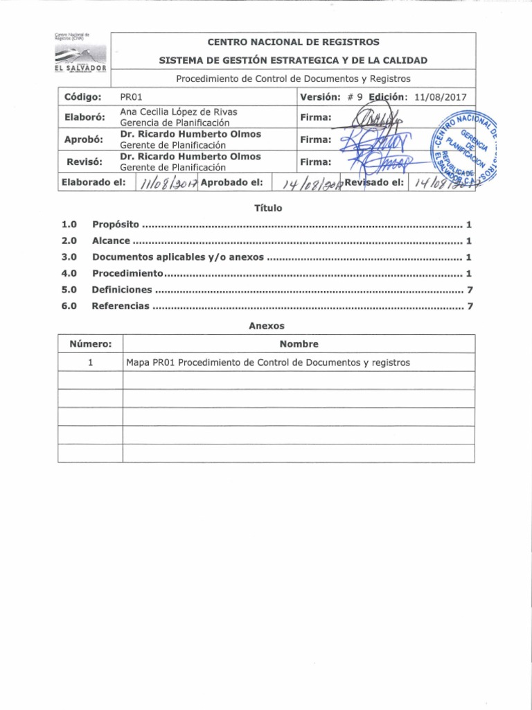 Procedimiento de Control de Documentos y Registros | PDF ...
