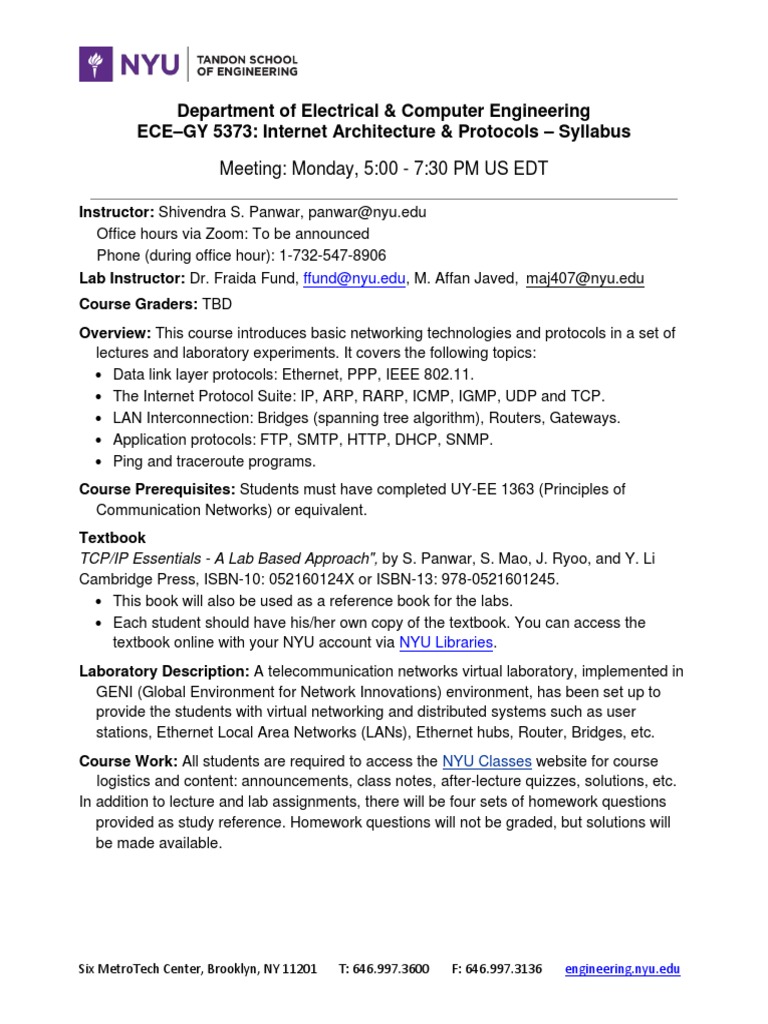 Department of Electrical & Computer Engineering ECE - GY 5373: Internet Architecture & Protocols ...