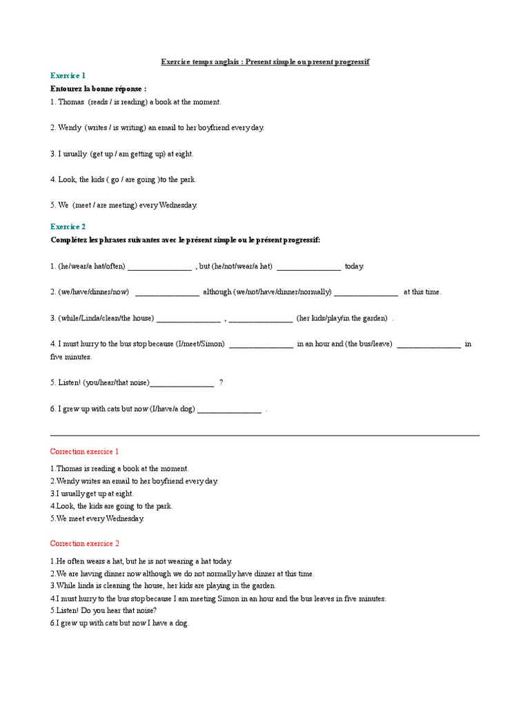 Exercice Temps Anglais Present Simple Ou Present Progressif | PDF