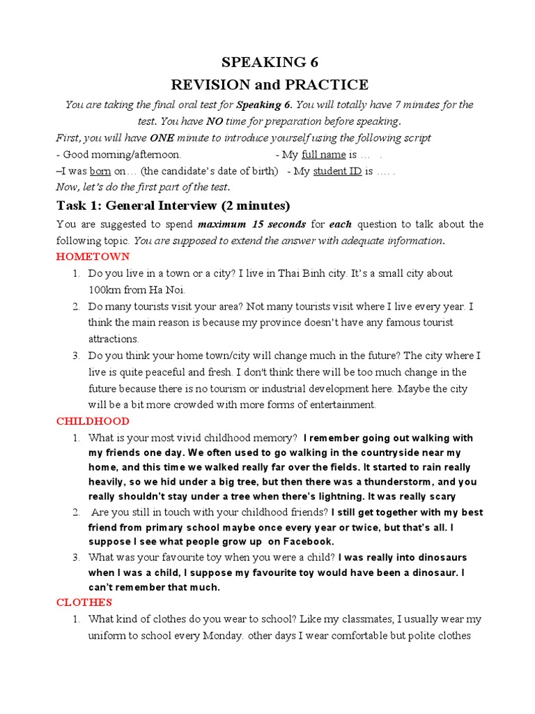 Speaking 6 - REVISION For Final Oral Test | PDF