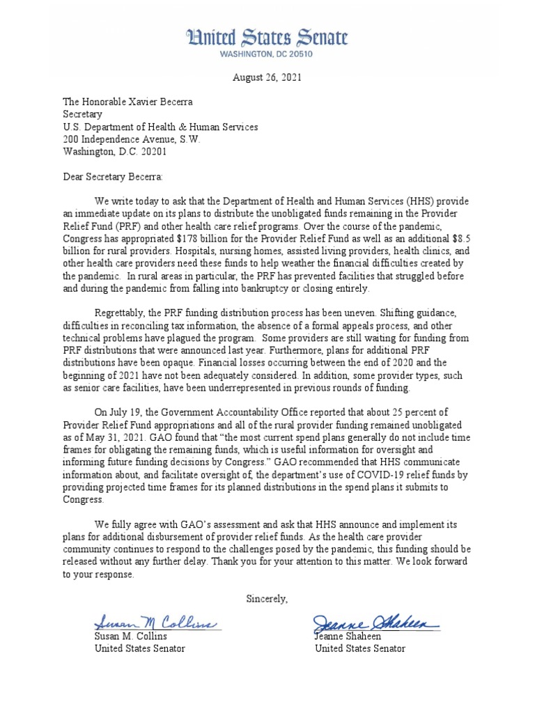 Urgent Request for Provider Relief Funds | PDF | American Political ...