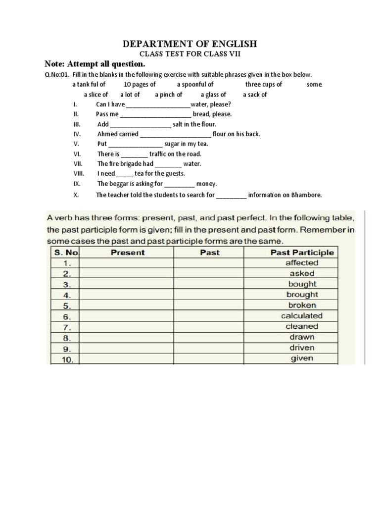 Class Test For Class Vii | PDF