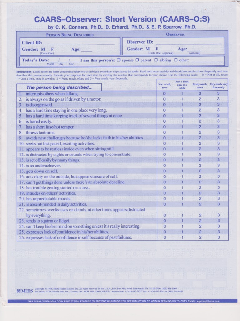 CAARS - Observer Report Short Version | PDF