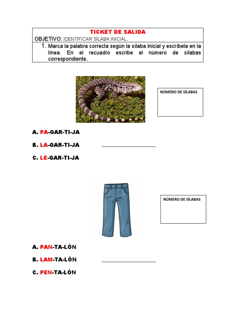 TICKET DE SALIDA Silaba Inicial Taller 2 | PDF