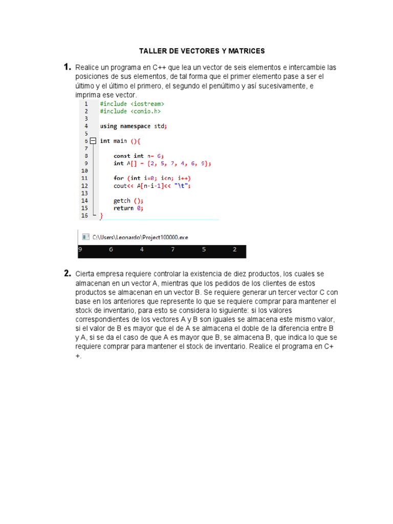Taller de Vectores y Matrices - Programación | PDF