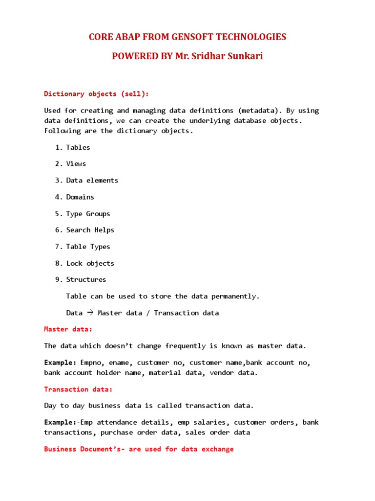 Core ABAP Dictionary Objects Guide | PDF | Database Index | Databases