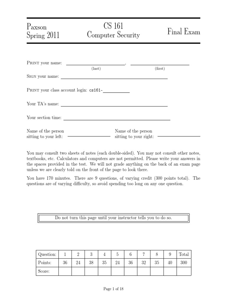 Paxson Spring 2011 CS 161 Computer Security Final Exam: (Last) (First) | PDF | Public Key ...