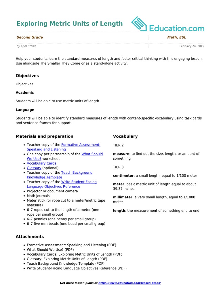 Exploring Metric Units of Length: Objectives | PDF | Reading ...