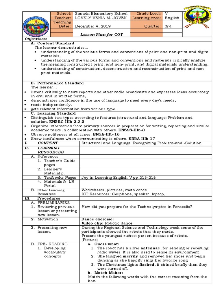 A. Content Standard: Lesson Plan For COT Objectives | PDF | Robot ...