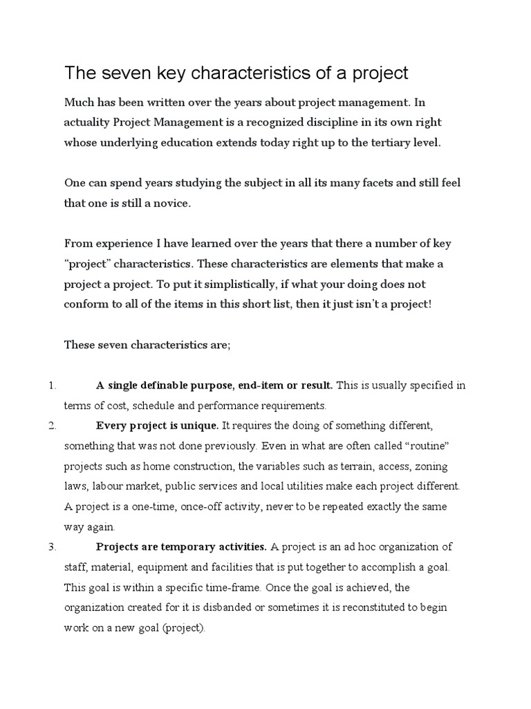 Seven Key Characteristics of Projects | PDF | Project Management | Goal