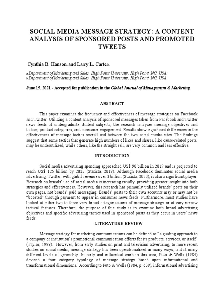 Social Media Message Strategy: A Content Analysis of Sponsored Posts ...