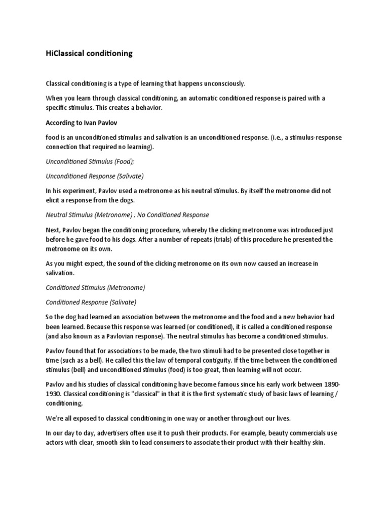 Classical Conditioning Assignment | PDF | Classical Conditioning | Reinforcement
