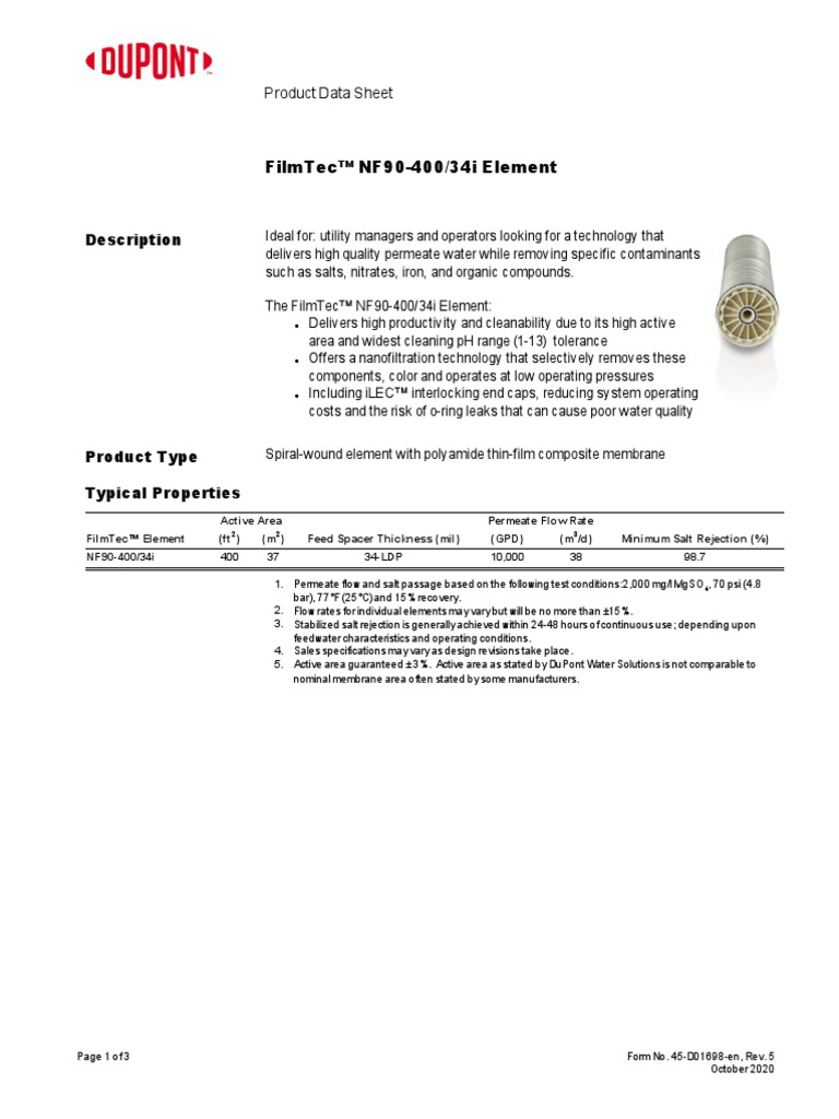 Filmtec™ Nf90-400/34I Element: Product Data Sheet | PDF | Membrane | Chemistry
