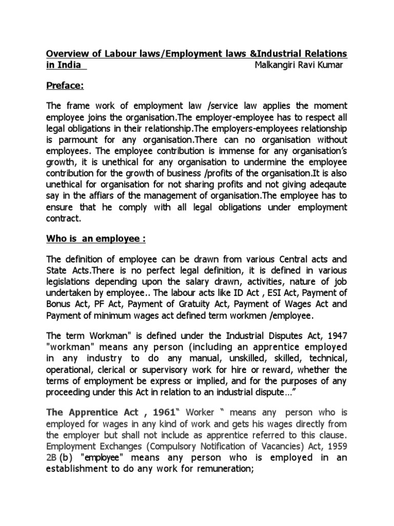 Overview of Labour Laws/employment Laws &industrial Relations in India ...