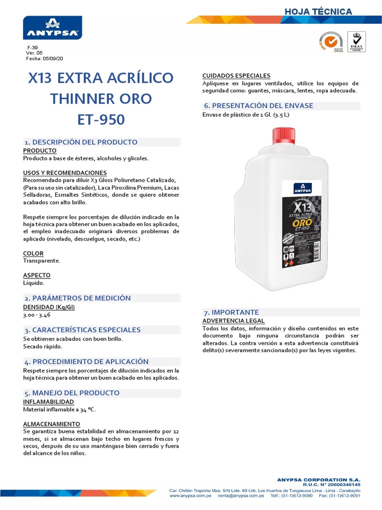 X13 Extra Acrilico Thinner Oro Et-950 | PDF