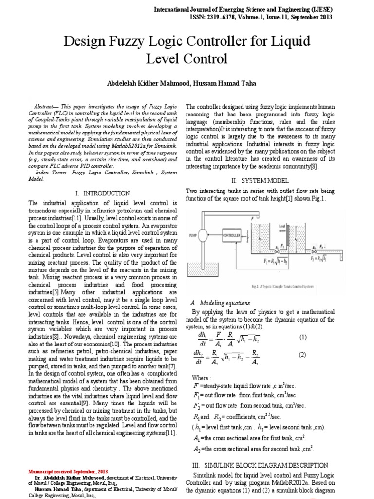 Design Fuzzy Logic Controller For Liquid Level Control | PDF | Control Theory | System
