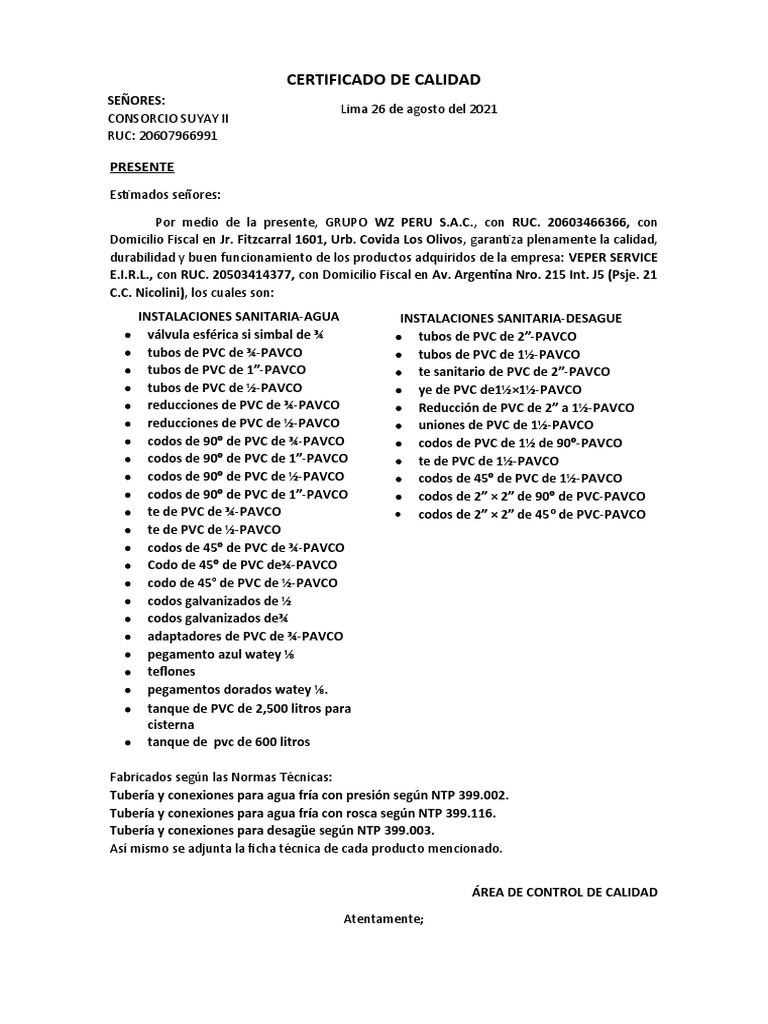 Certificado de Calidad Iiss | PDF