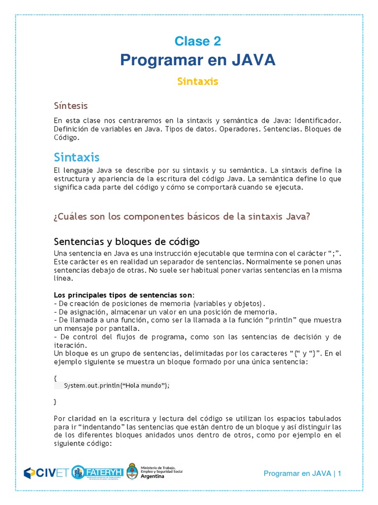 Clase 2 - Sintaxis | PDF | Java (lenguaje de programación) | Lenguaje de programación