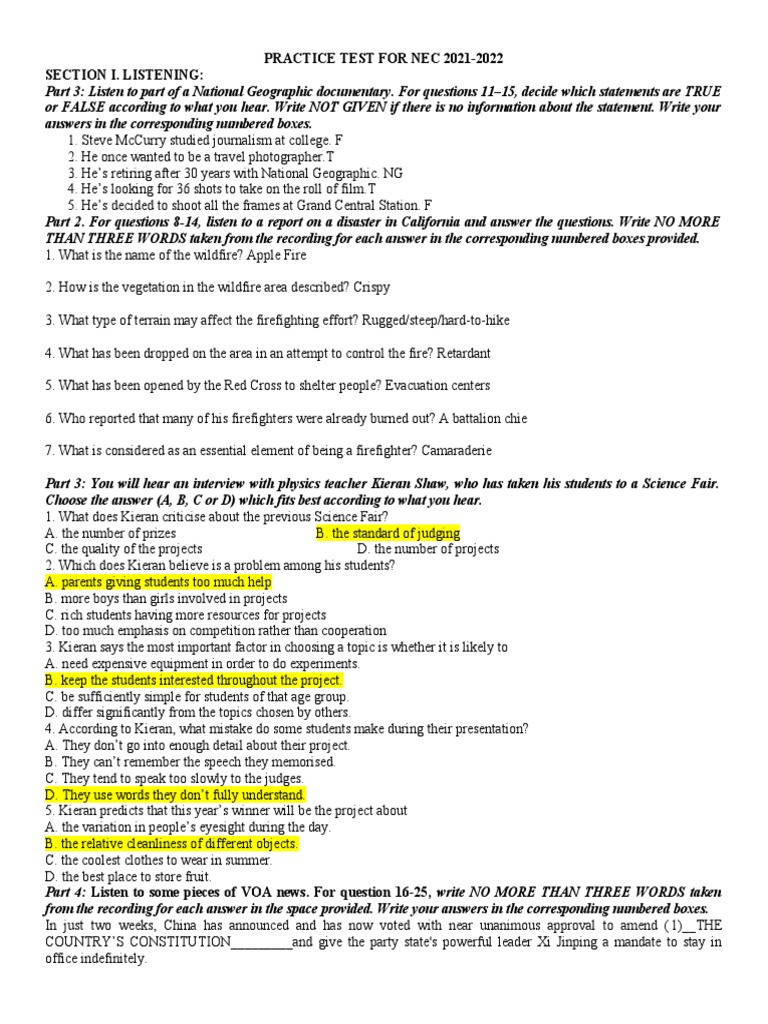 Practice Test For Nec 2021-2022 Section I. Listening | PDF | Biometrics ...