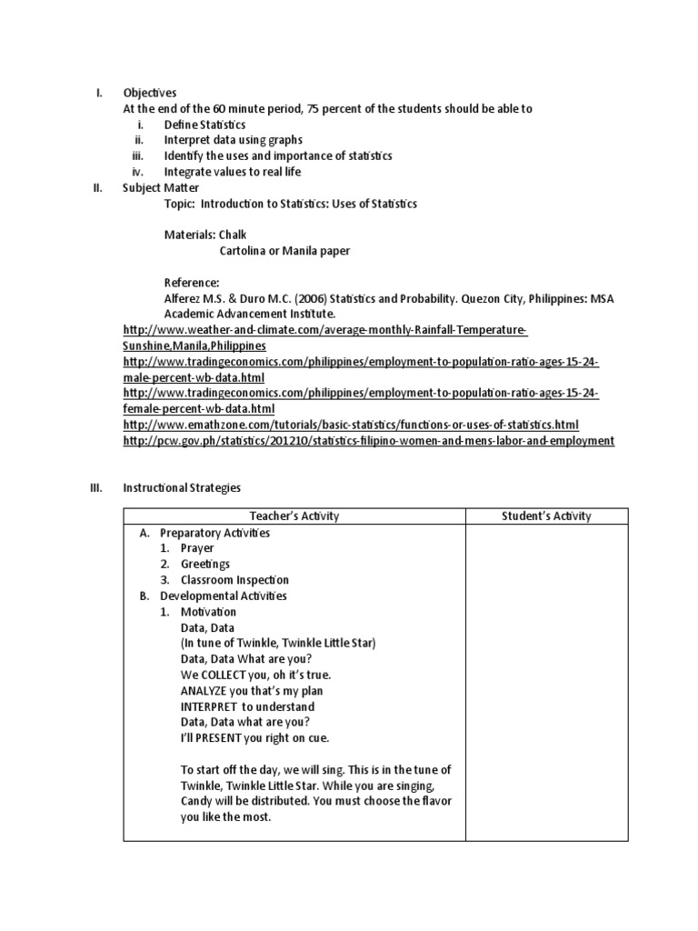 A Detailed Lesson Plan On Introduction To Statistics | PDF | Chart ...