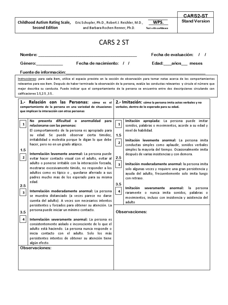 Escala CARS2 ST | Descargar gratis PDF | Comunicación | Espectro autista