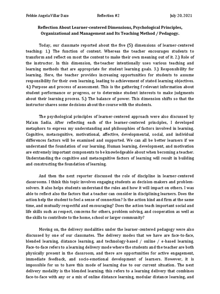 Reflection About Learner - Centered Dimensions, Psychological Principles, Organizational and ...