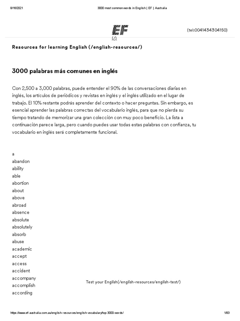 3000 Most Common Words in English - EF - Australia | PDF | English ...