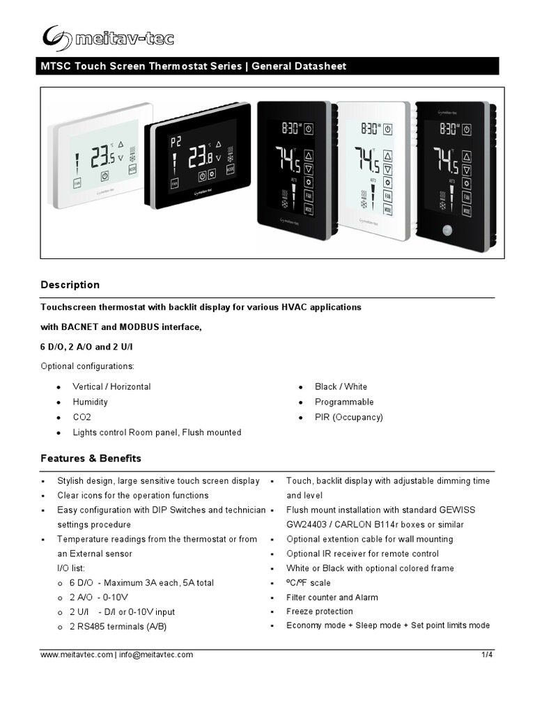 MTSC Touch Screen Thermostat Series - General Datasheet: Description ...