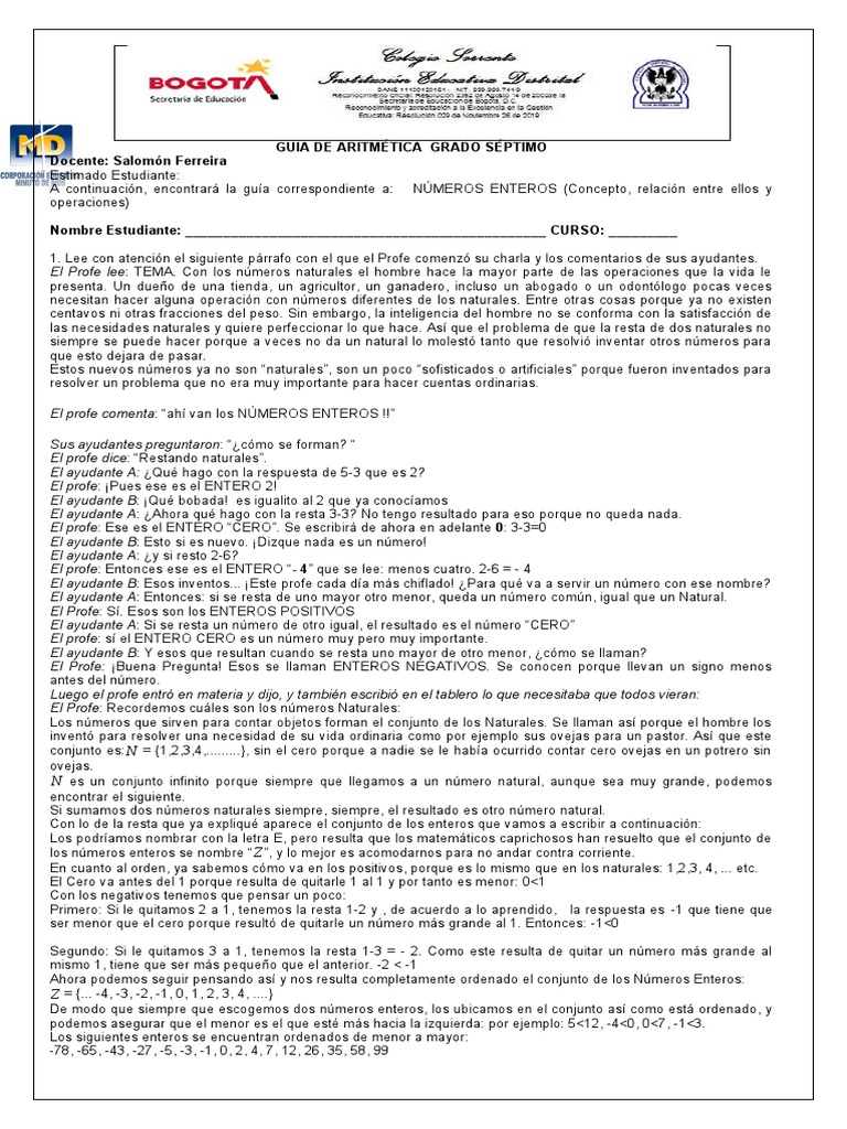 Guia de Números Enteros 2021 | PDF | Entero | Número natural